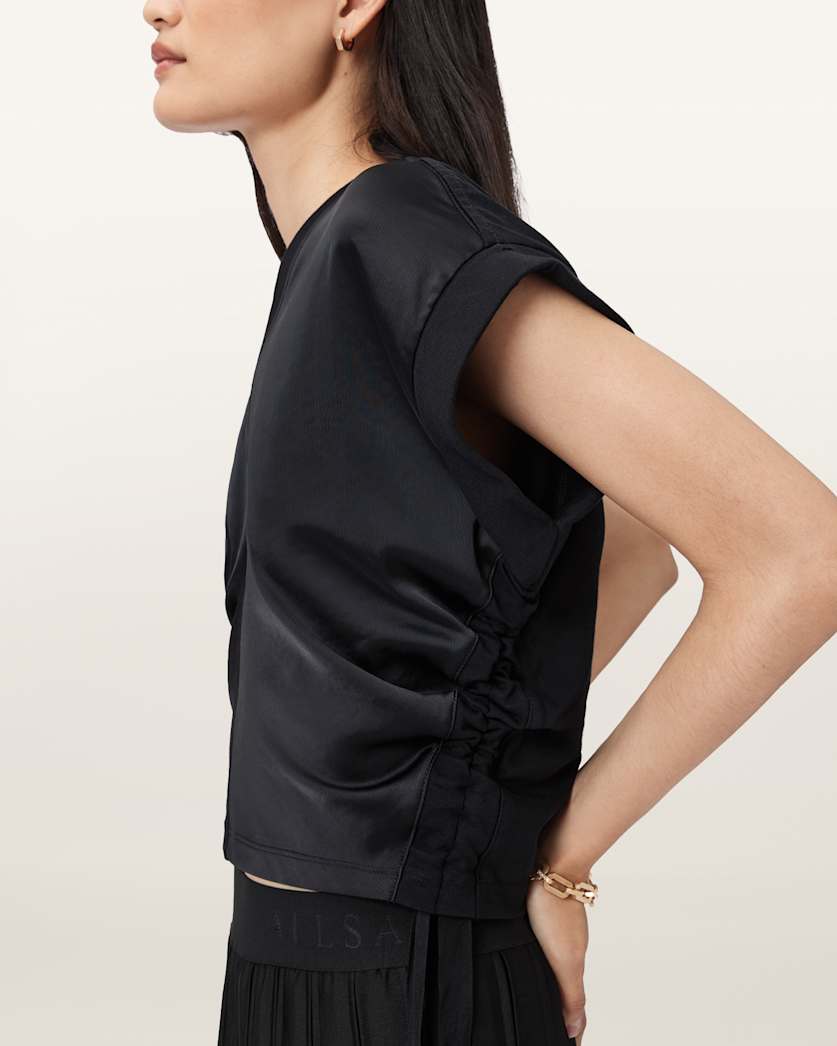 Mira Cropped Satin Drawcord T-Shirt Black | ALLSAINTS